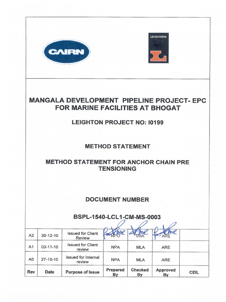 BSPL-1540-LCL1-CM-MS-0003 (A2) Method Statement For Anchor Chain Pre Tensioning | PDF | Anchor ...