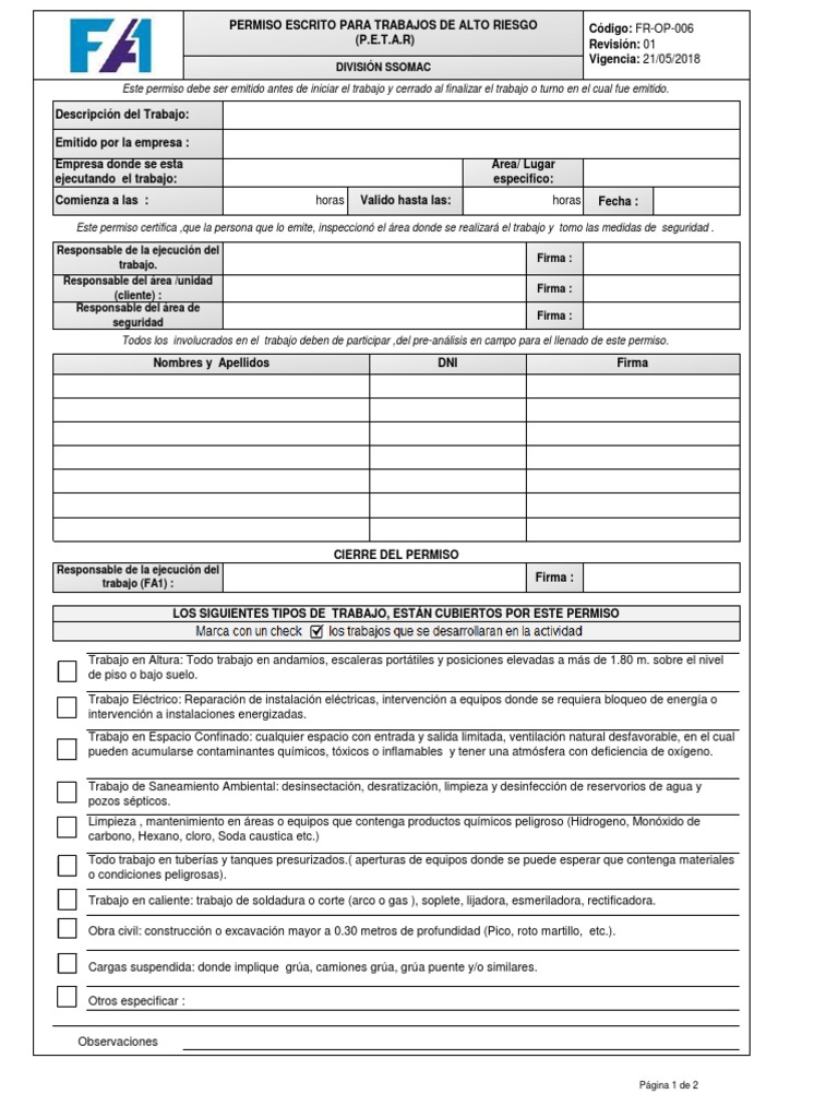 FR-OP-006 Permiso Escrito de Trabajo de Alto Riesgo (PETAR CARA PRINCIPAL) (Rev 01) | PDF ...