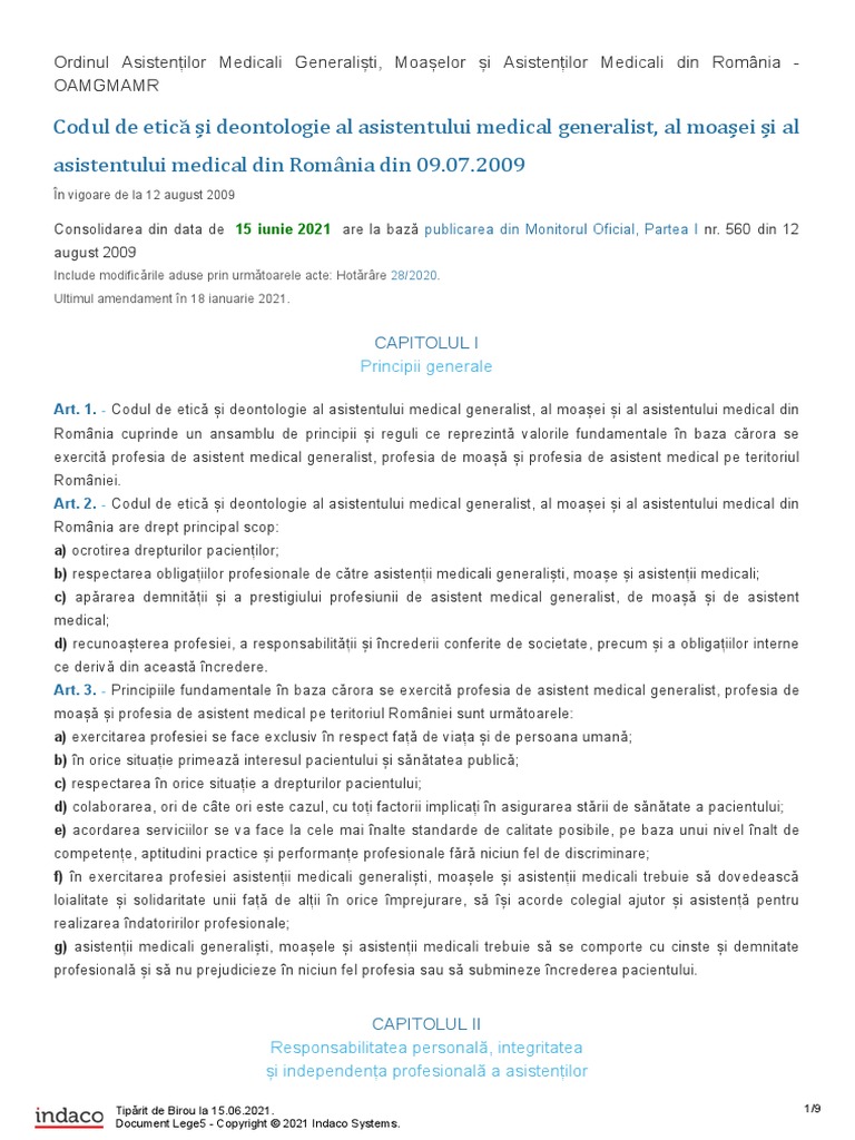 Codul de Etica Si Deontologie Al Asistentului Medical Generalist Al Moasei Si Al Asistentului ...