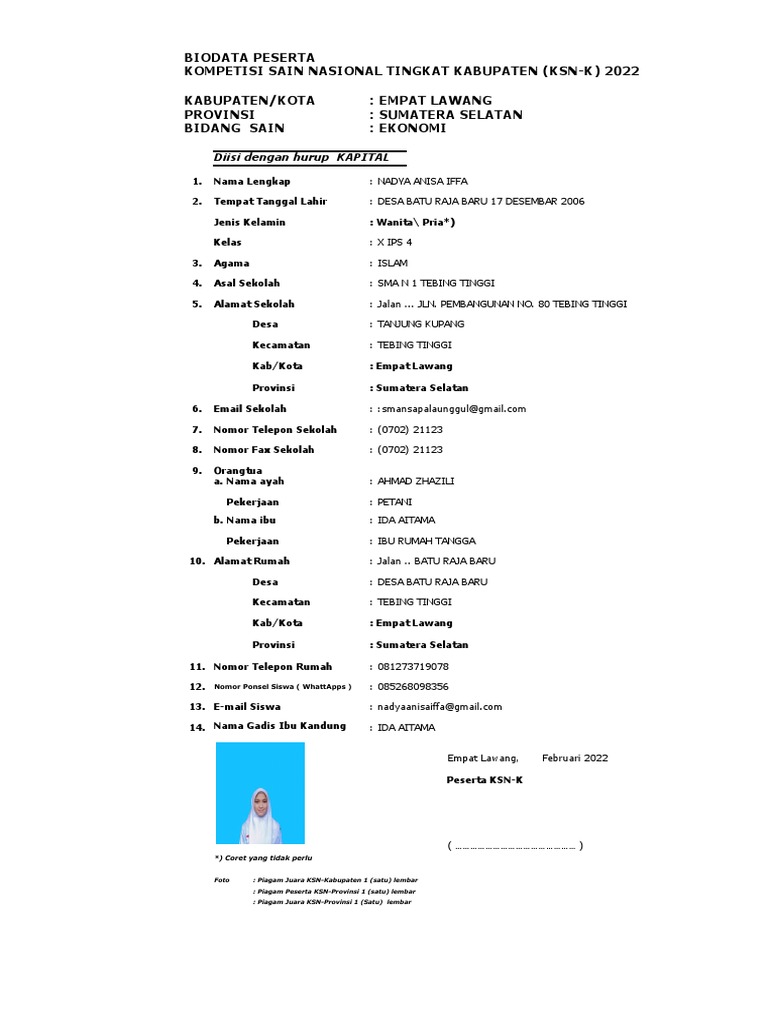 Format Biodata KSN-K 2022-1 | PDF