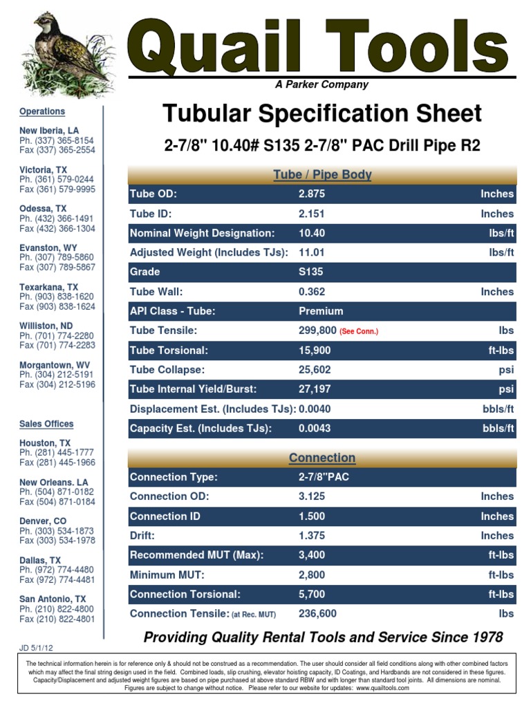 Tubular Specification Sheet: 2-7/8" 10.40# S135 2-7/8" PAC Drill Pipe ...