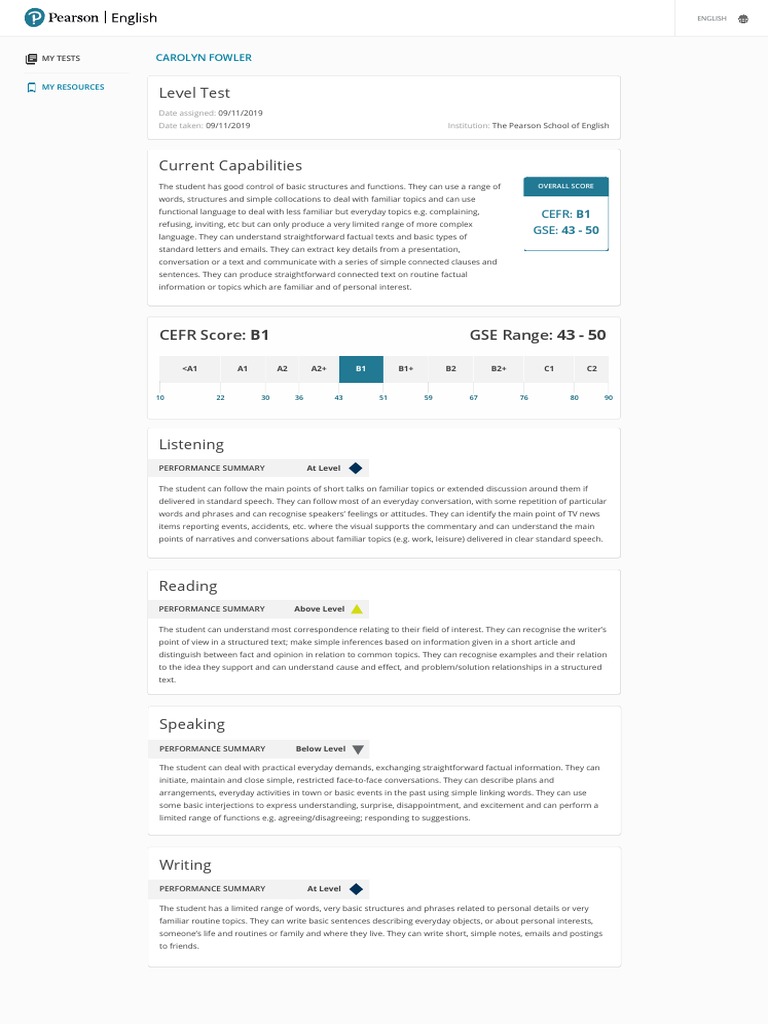 Sample Score Reports Level Test | PDF | English Language | Communication