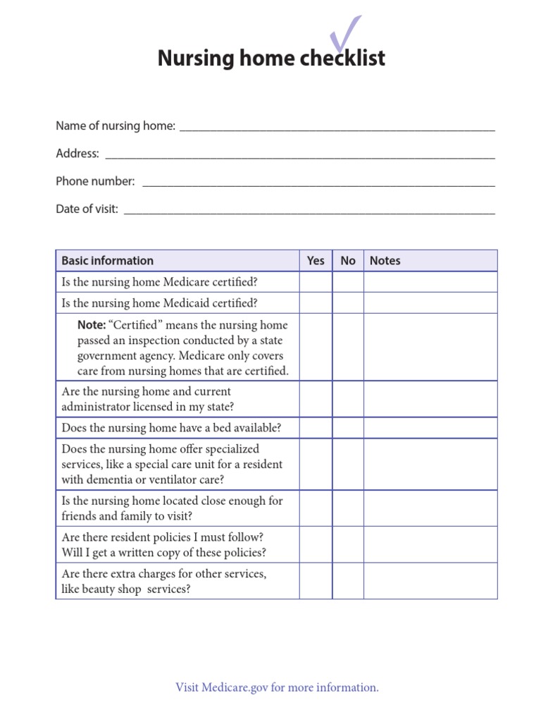 Nursing Home Checklist: Basic Information Yes No Notes | PDF | Dementia ...