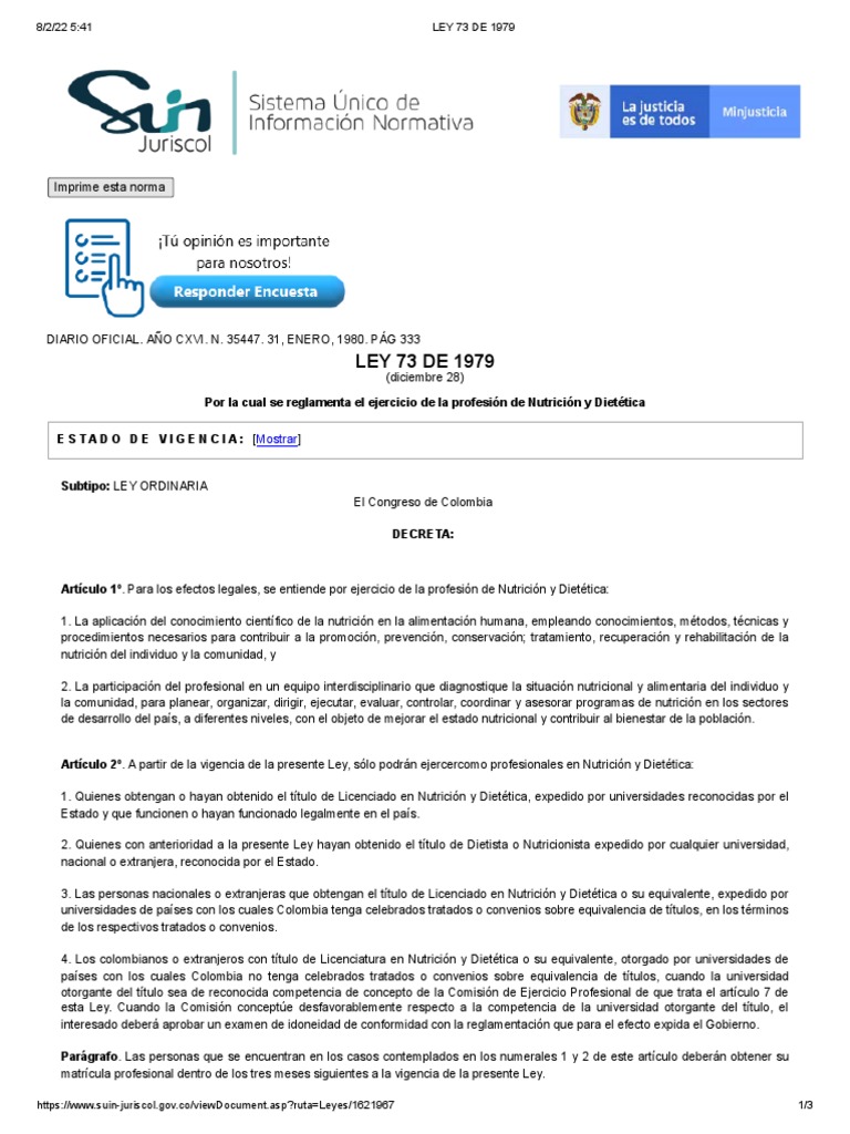Ley 73 de 1979 | PDF | Dietético | Ciencias de la Salud