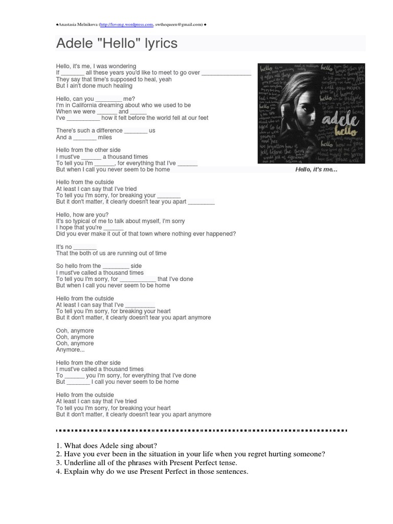 Adele "Hello" Lyrics: Anastasia Melnikova ( | PDF