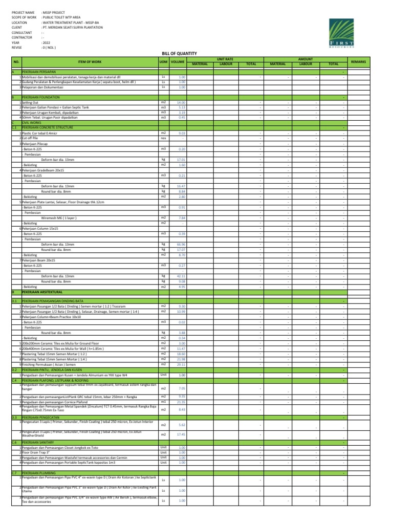 BOQ Toilet Room WTP Area | PDF