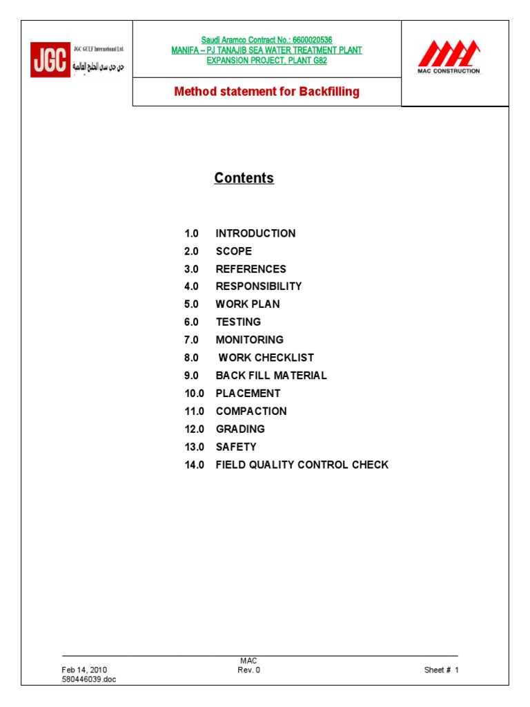 Method Statement For Backfilling | Download Free PDF | Specification (Technical Standard)