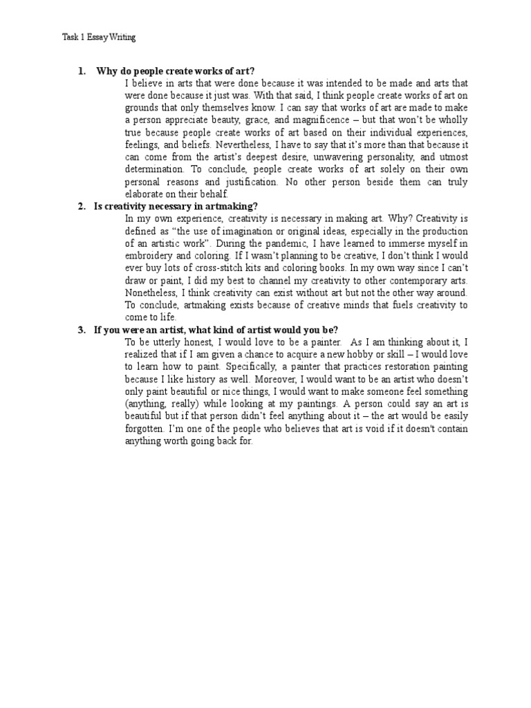Why Do People Create Works of Art?: Task 1 Essay Writing | PDF | Creativity | Experience