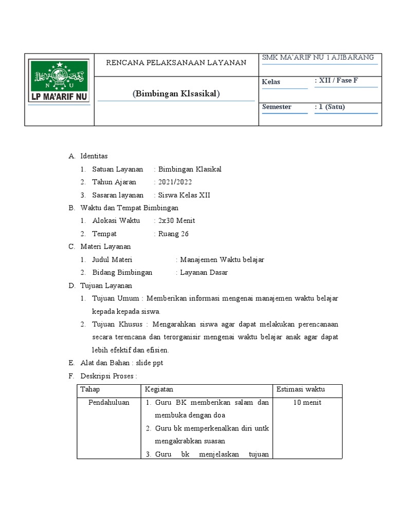 RPL (Belajar) Bimbingan Klasikal Manajemen Waktu Belajar | PDF | Karier ...