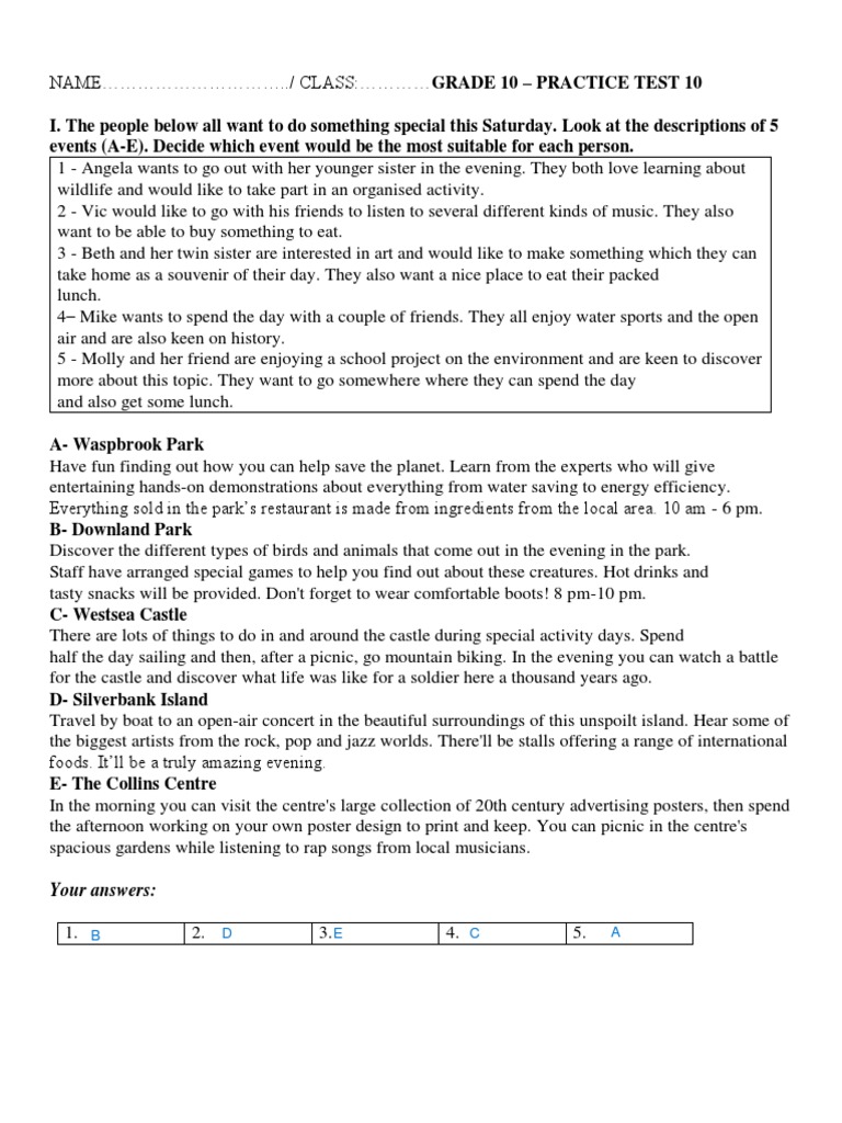 Grade 10-Practice Test 10 | PDF | Facial Expression | Cognition
