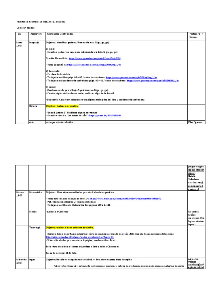 Planificacion Semana 16 | PDF
