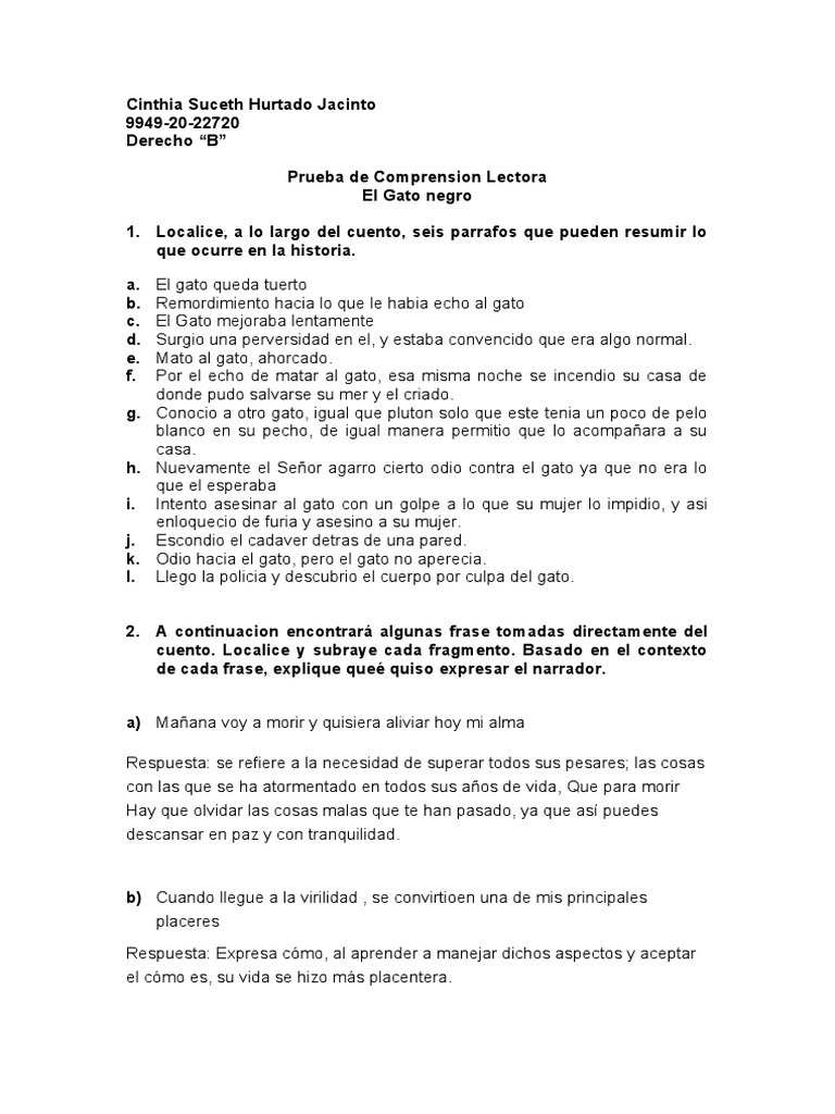 Prueba de Comprension Lectora (El Gato Negro) | PDF | Memoria