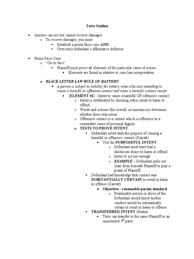 Intentional Torts Outline | PDF | Conversion (Law) | Intentional ...