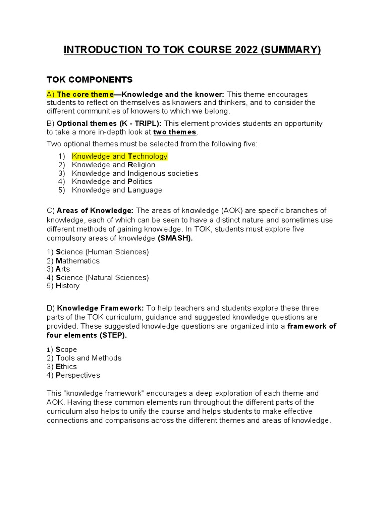 Introduction To Tok Course 2022 (Summary) | PDF | Knowledge | Essays