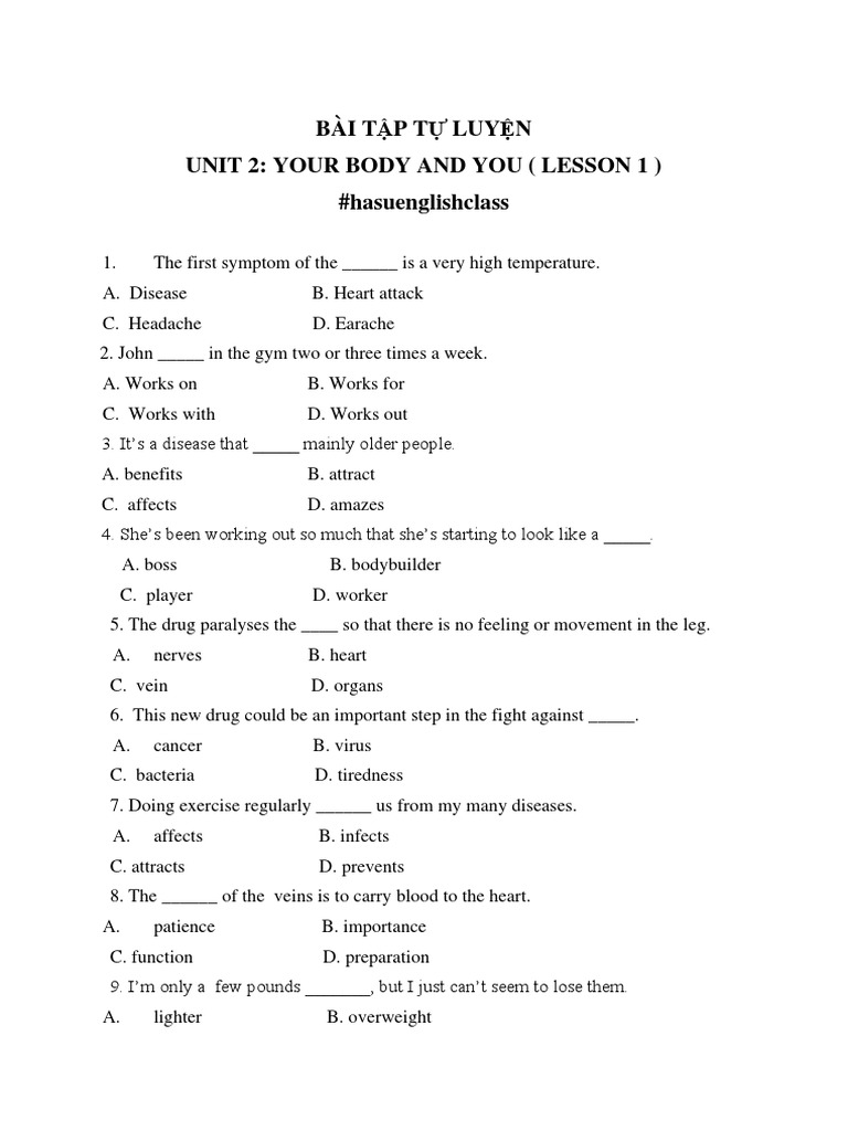Bài Tập Tự Luyện Unit 2: Your Body And You (Lesson 1) #hasuenglishclass ...