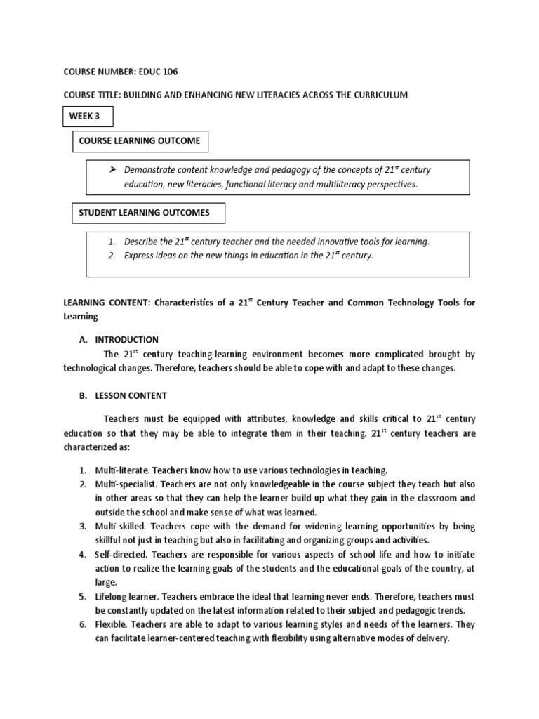 Week 3 Course Learning Outcome | PDF | Teachers | Learning