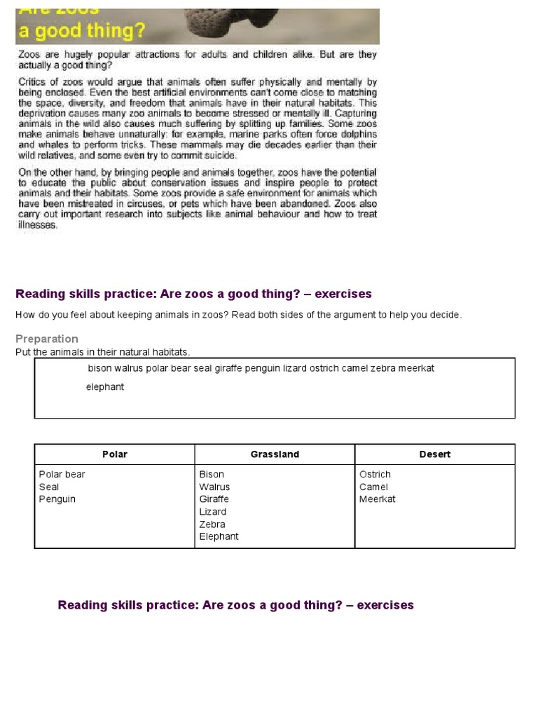 Reading Skills Practice: Are Zoos A Good Thing? - Exercises ...