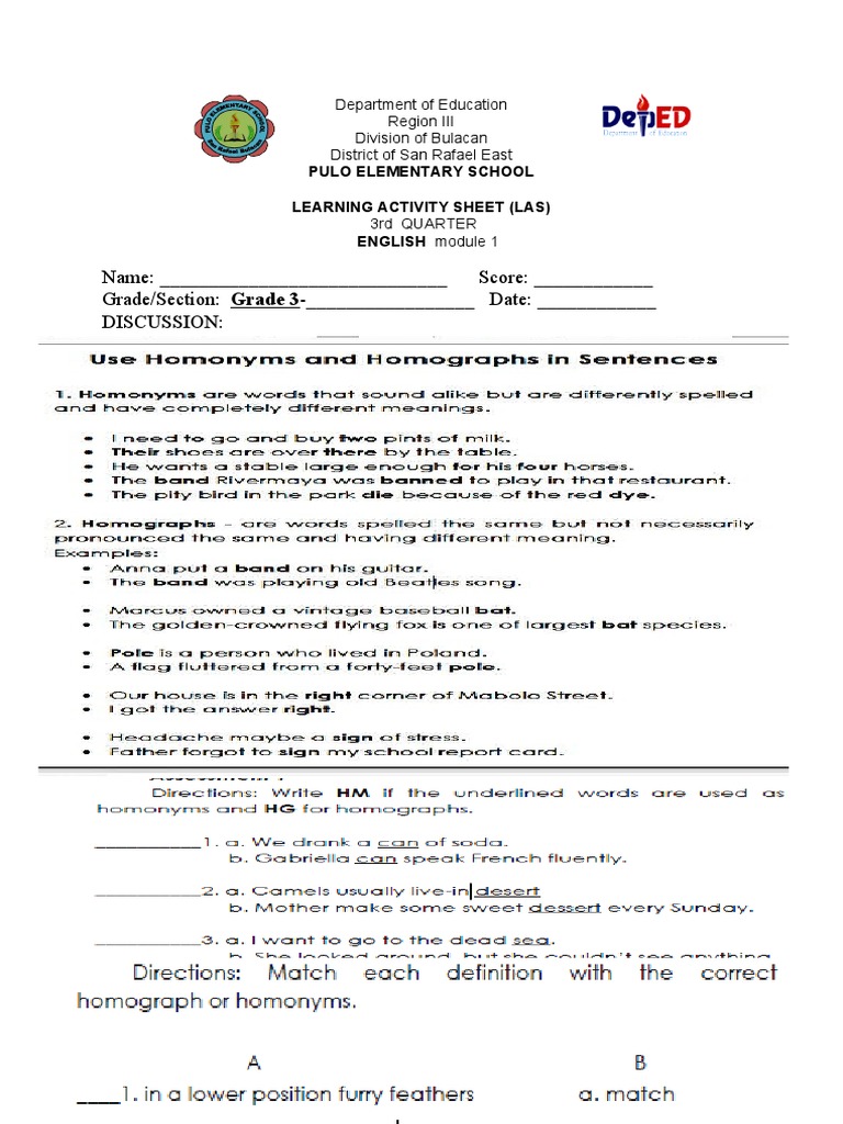 Name: - Score: - Grade/Section: Grade 3 - Date: - Discussion | PDF