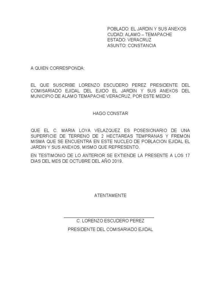 Constancia de Posecion Ejidal | PDF