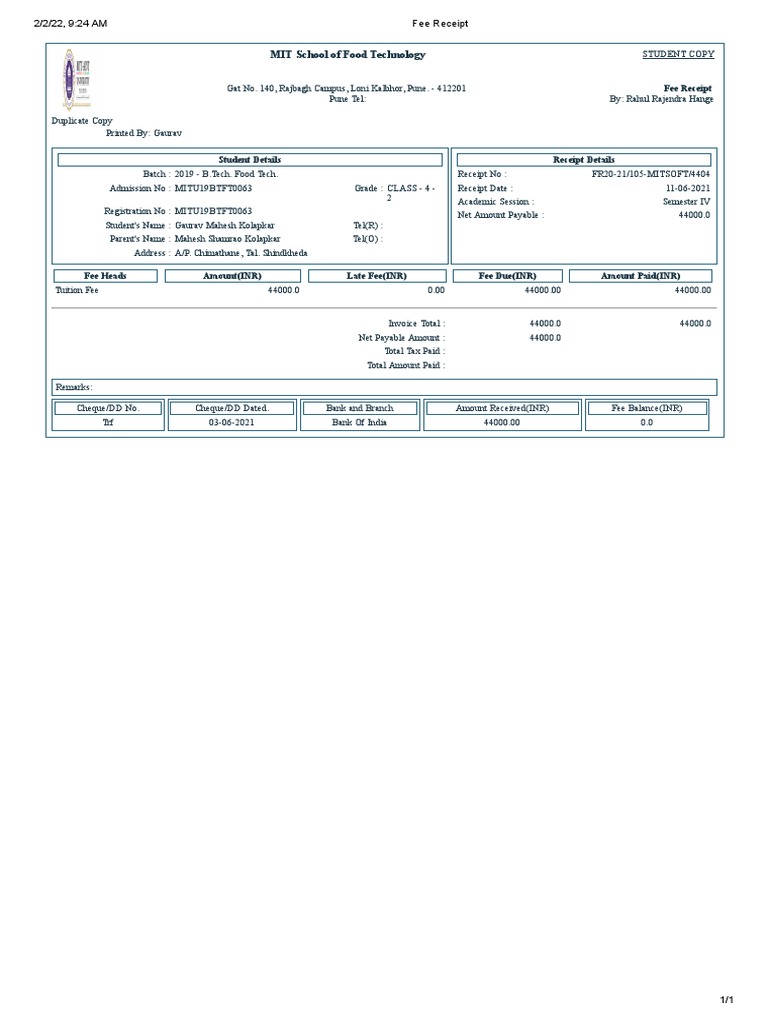 Fee Receipt 4th Semester | PDF | Receipt | Payments