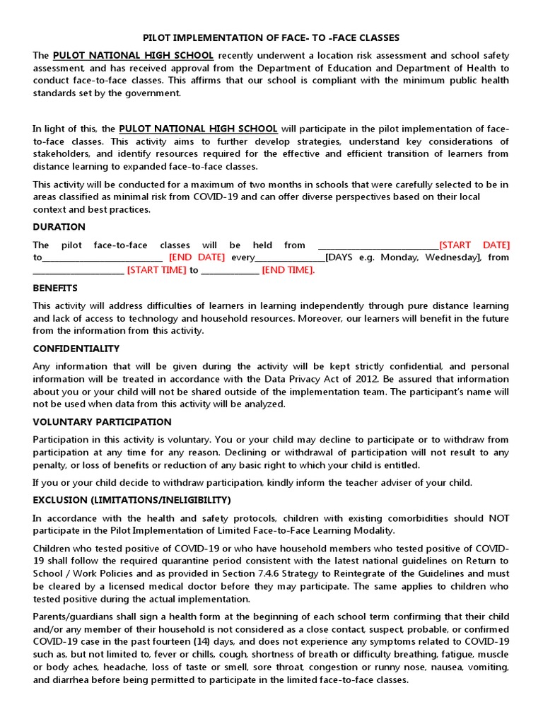 DepEd Parental Consent and Waiver Form On f2f | PDF | Health Sciences