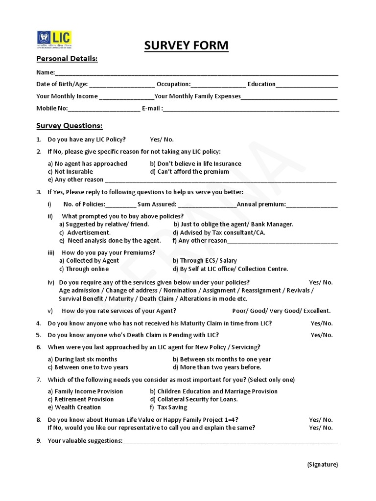 Survey Form | PDF | Insurance | Life Insurance
