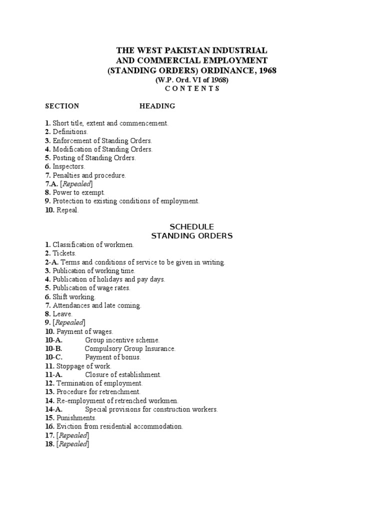 (Standing Orders) Ordinance, 1968 | PDF | Workers' Compensation ...