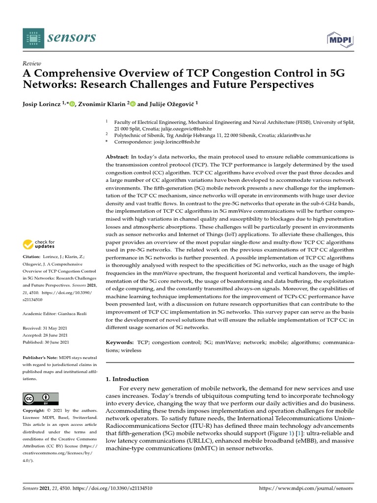Sensors: A Comprehensive Overview of TCP Congestion Control in 5G Networks: Research Challenges ...