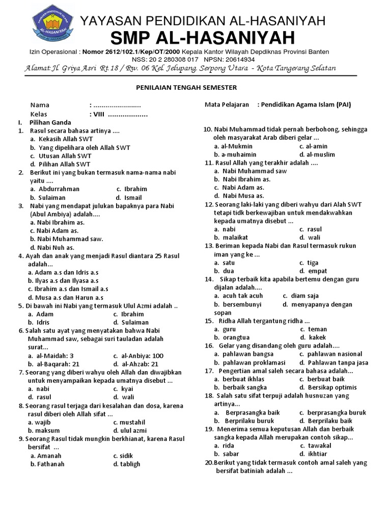 Soal PTS PAI Kls. 8 Smt. 2 2022 | PDF