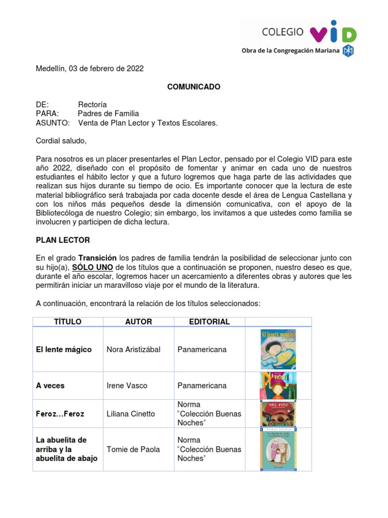 Comunicado Plan Lector | PDF