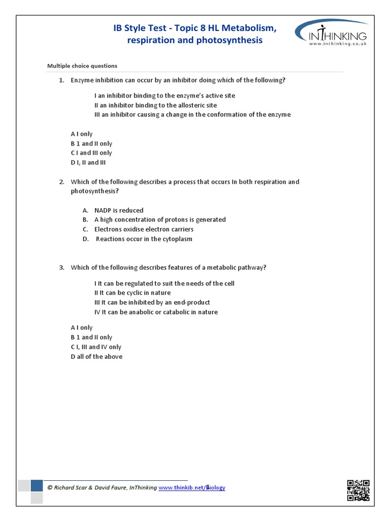 IB Style Test - Topic 8 HL Metabolism, Respiration and Photosynthesis ...