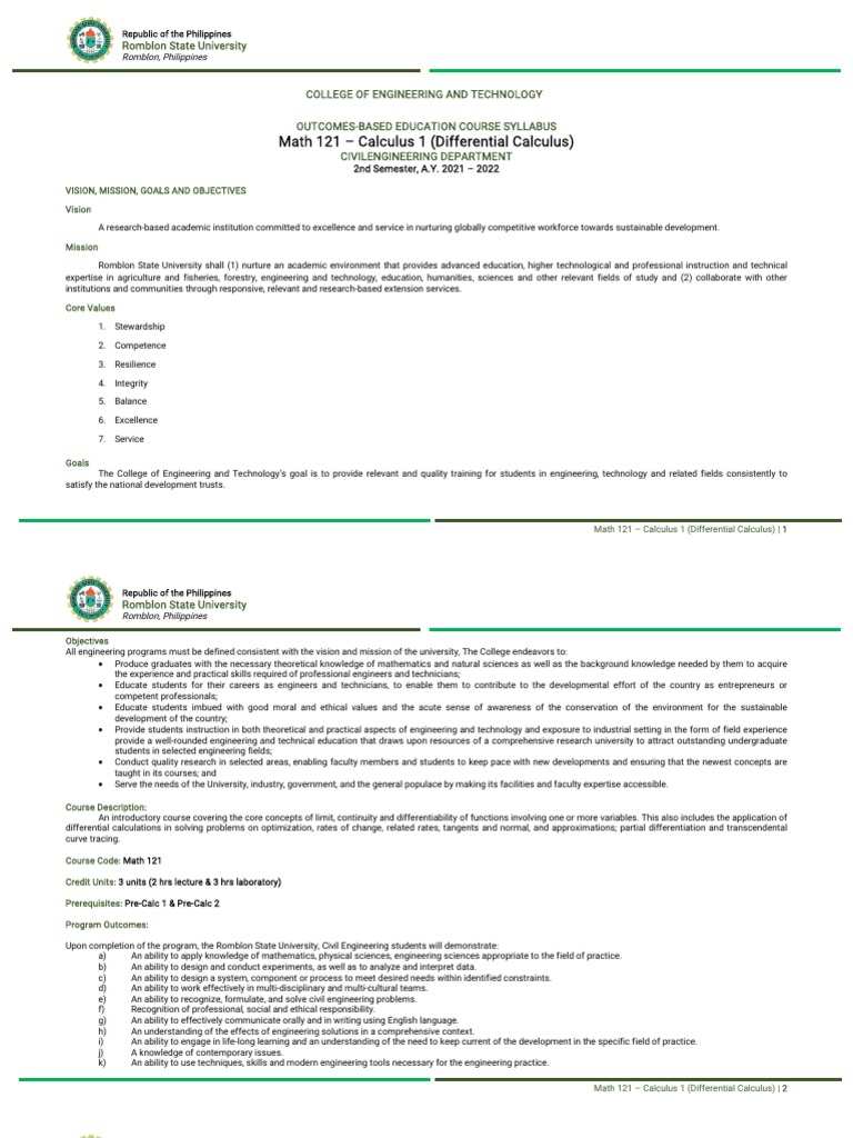 Math 121 - Calculus 1 (Differential Calculus) | PDF