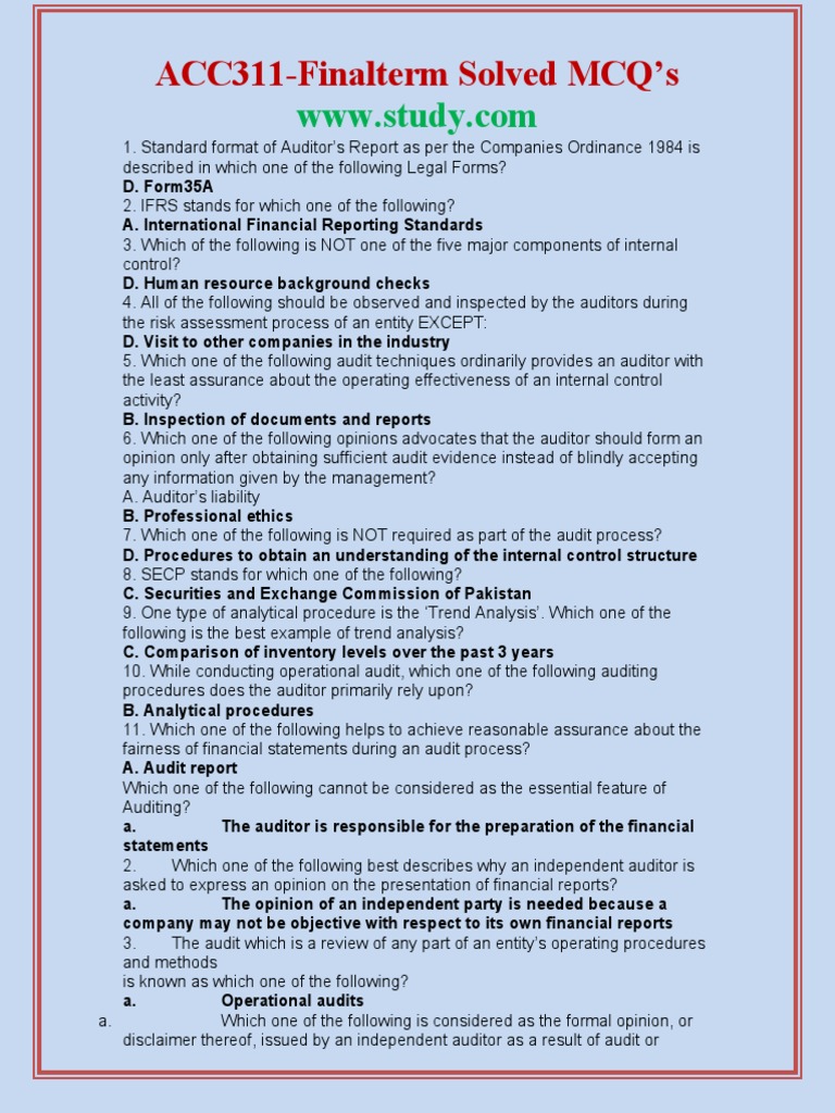 ACC311-Finalterm Solved MCQ's | PDF | Audit | Internal Control