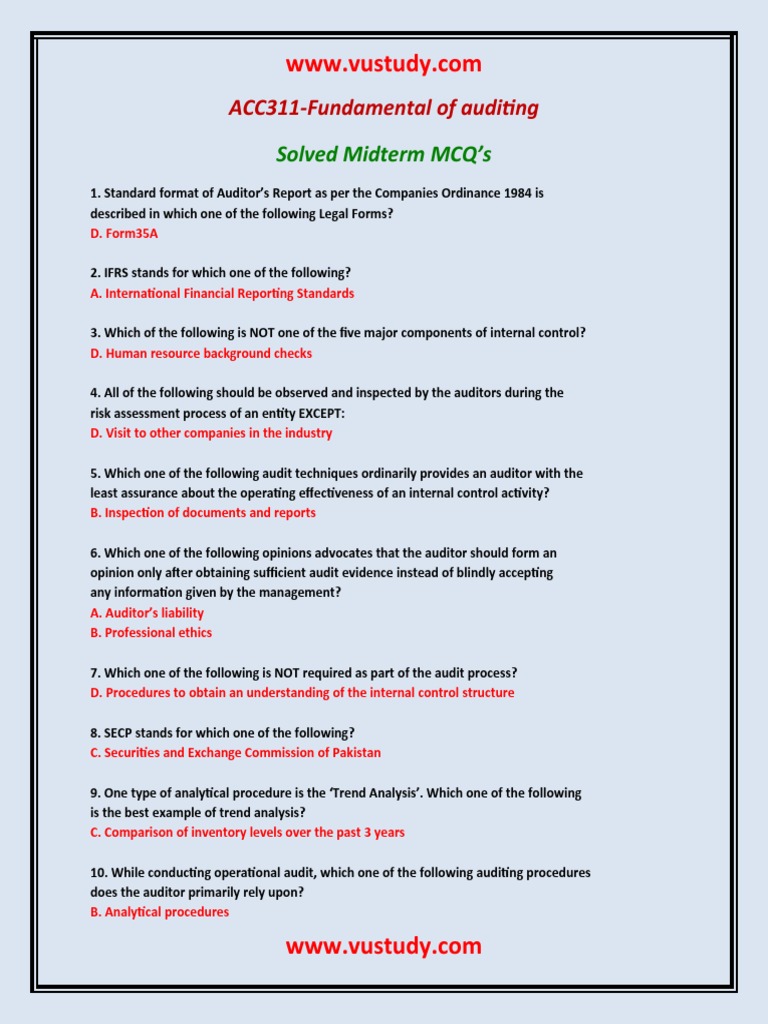 ACC311 Fundamentals of Auditing Solved Mcqs | PDF | Audit | Internal Control