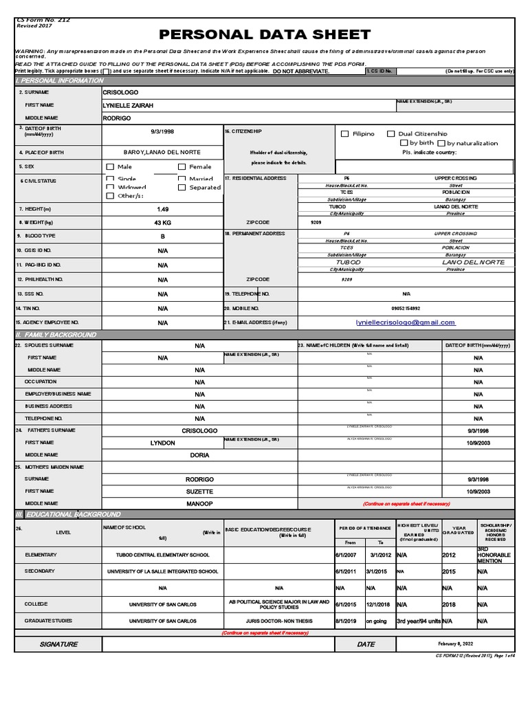 Cs Form No. 212 Revised Personal Data Sheet - New | PDF