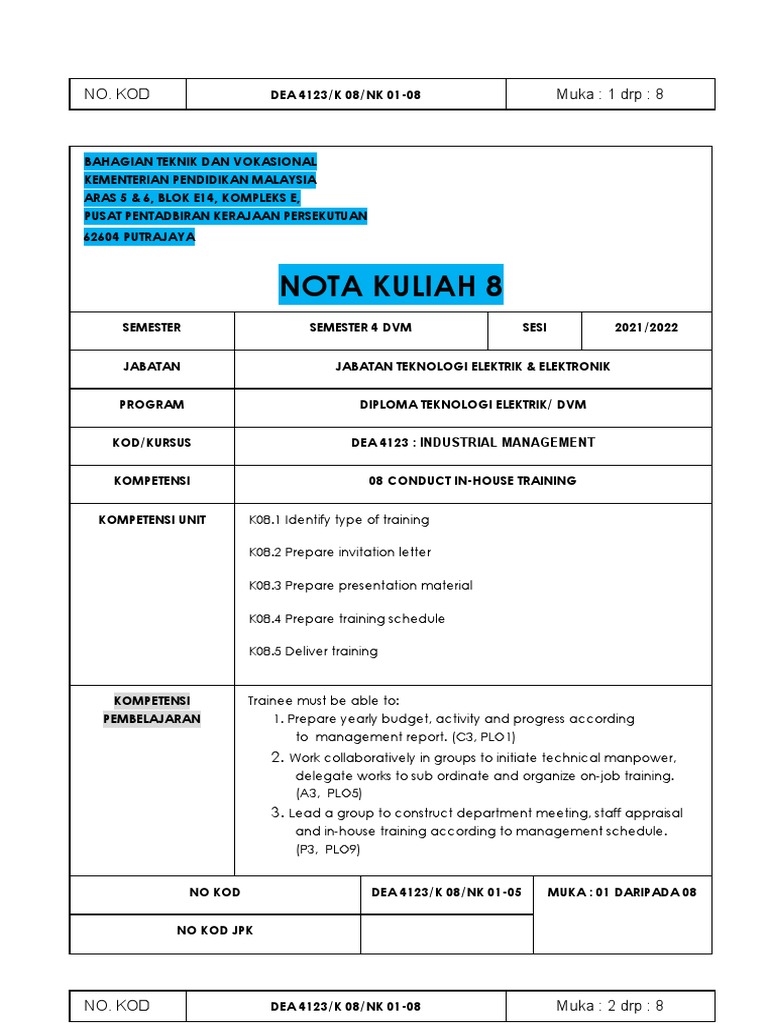 Nota Kuliah 8 - Conduct In-House Training | PDF
