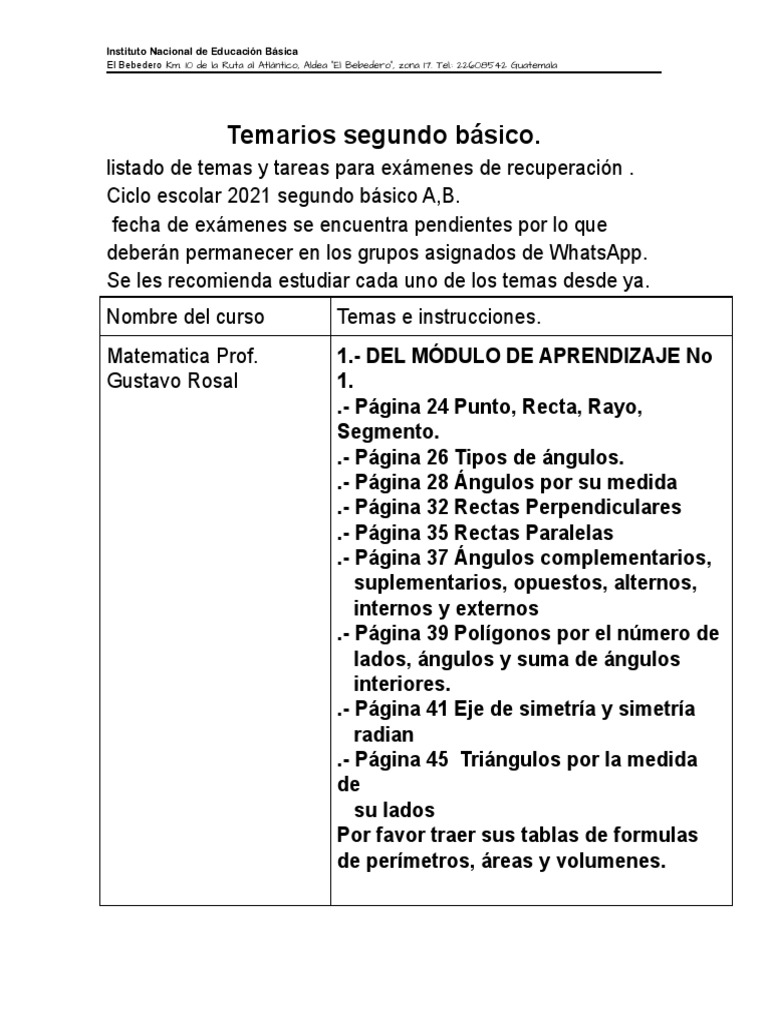 Temarios Segundo Básico Recuperacion 2021 | PDF | Ángulo