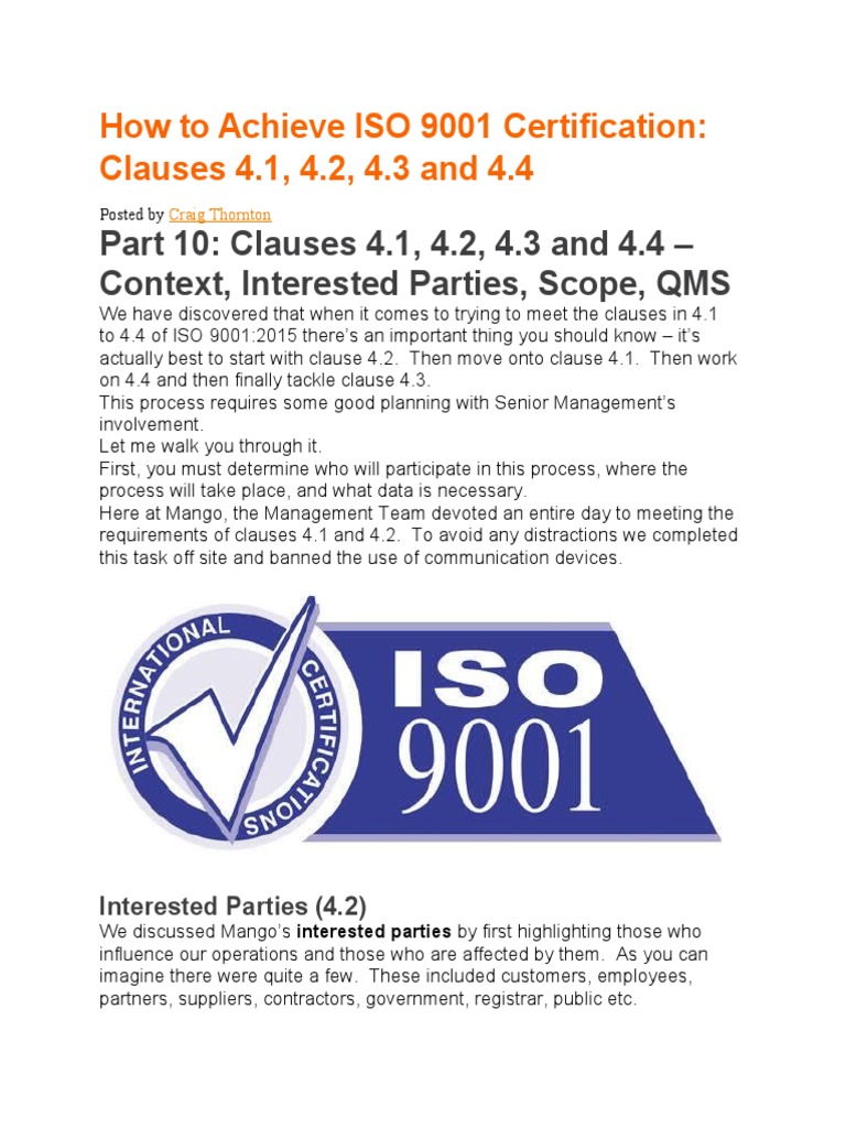 How To Achieve ISO 9001 Certification Clauses 4.1, 4.2, 4.3 and 4.4 ...
