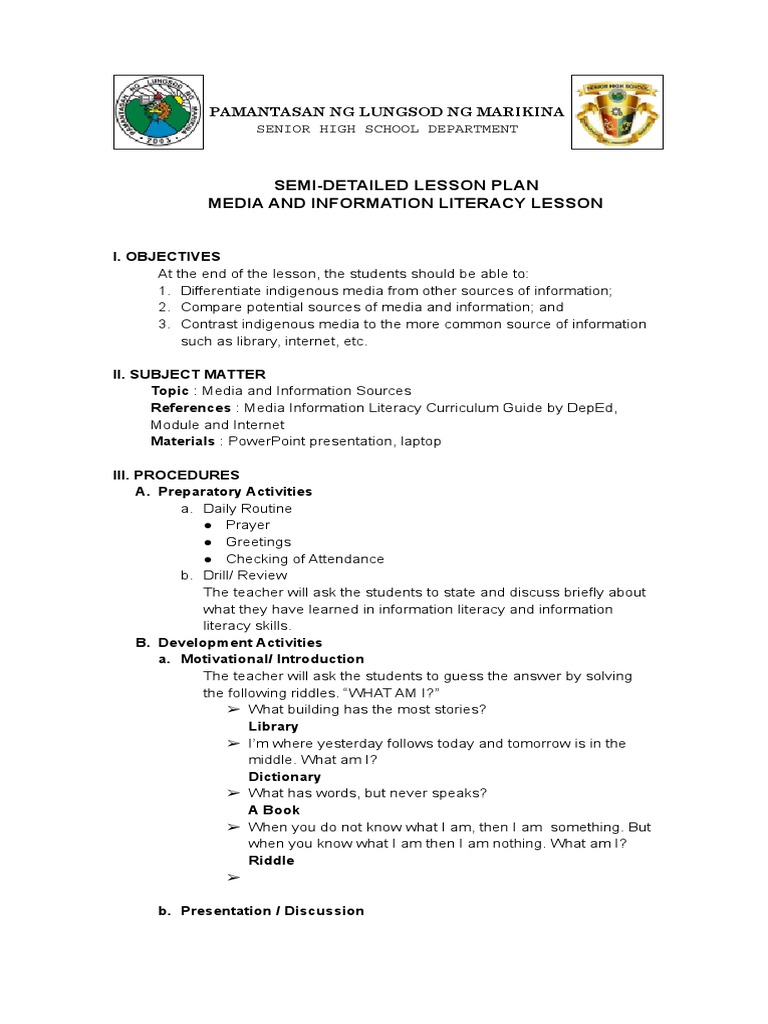 Semi-Detailed Lesson Plan Media and Information Literacy Lesson | PDF ...