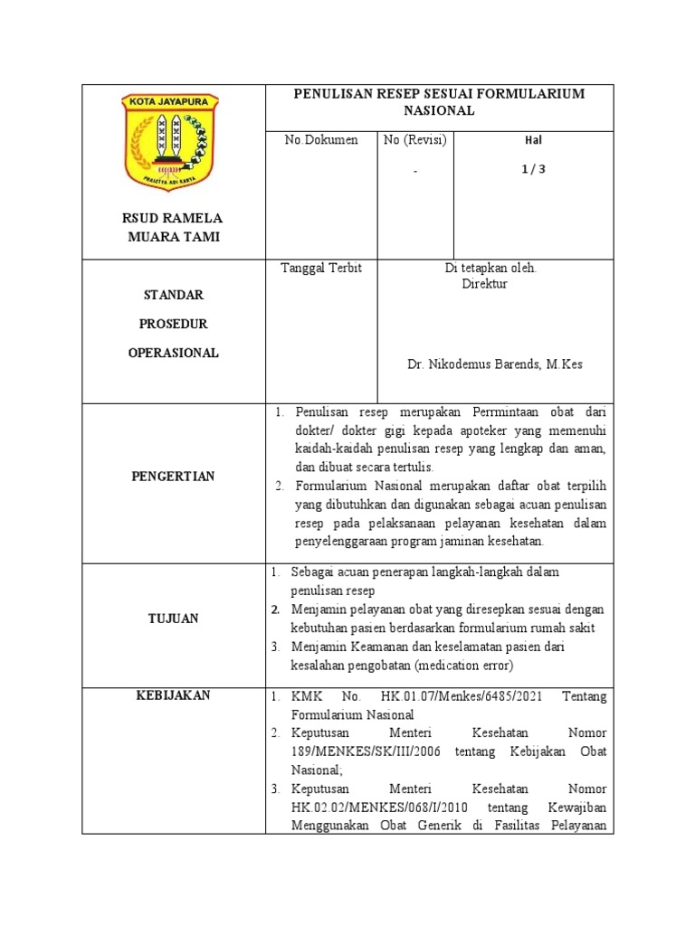Sop Penulisan Resep Sesuai Fornas | PDF