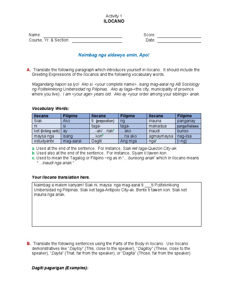 Activity 1 Ilocano Vocabulary and Translation Practice | PDF | Tagalog ...