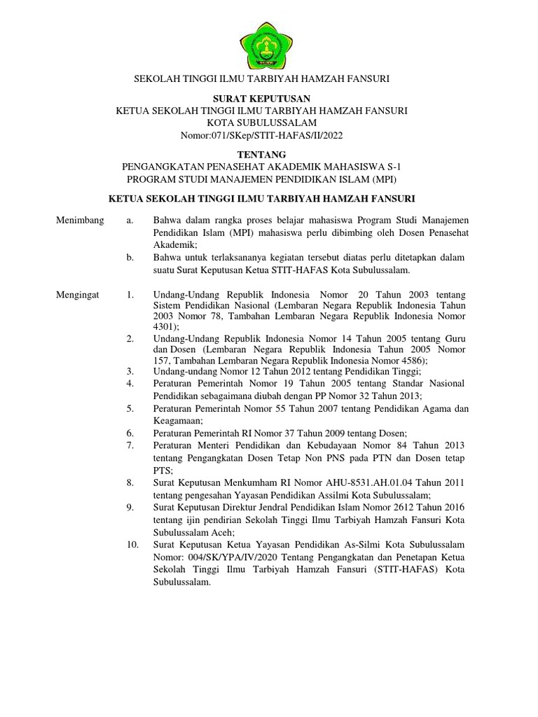 SK Pembimbing Akademik MPI 2022 | PDF