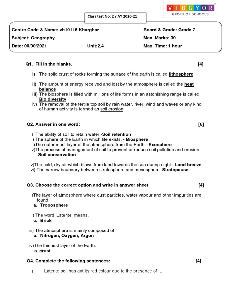 Grade 7 - Geography - Term 2 - AK Mock Test | PDF | Atmosphere Of Earth ...