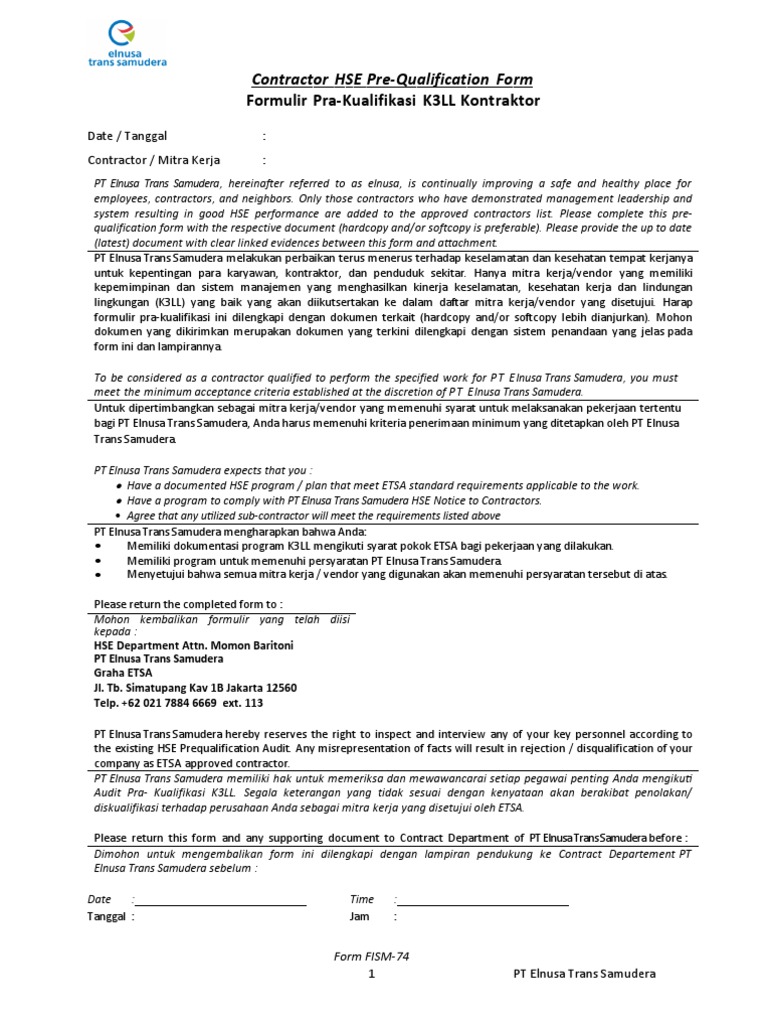 Form PQ CSMS PT Elnusa Trans Samudera | PDF