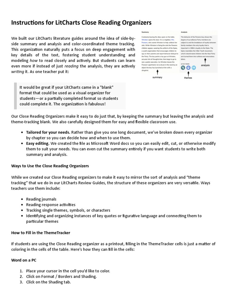 Close Reading Organizer Instructions | PDF | Software | Communication