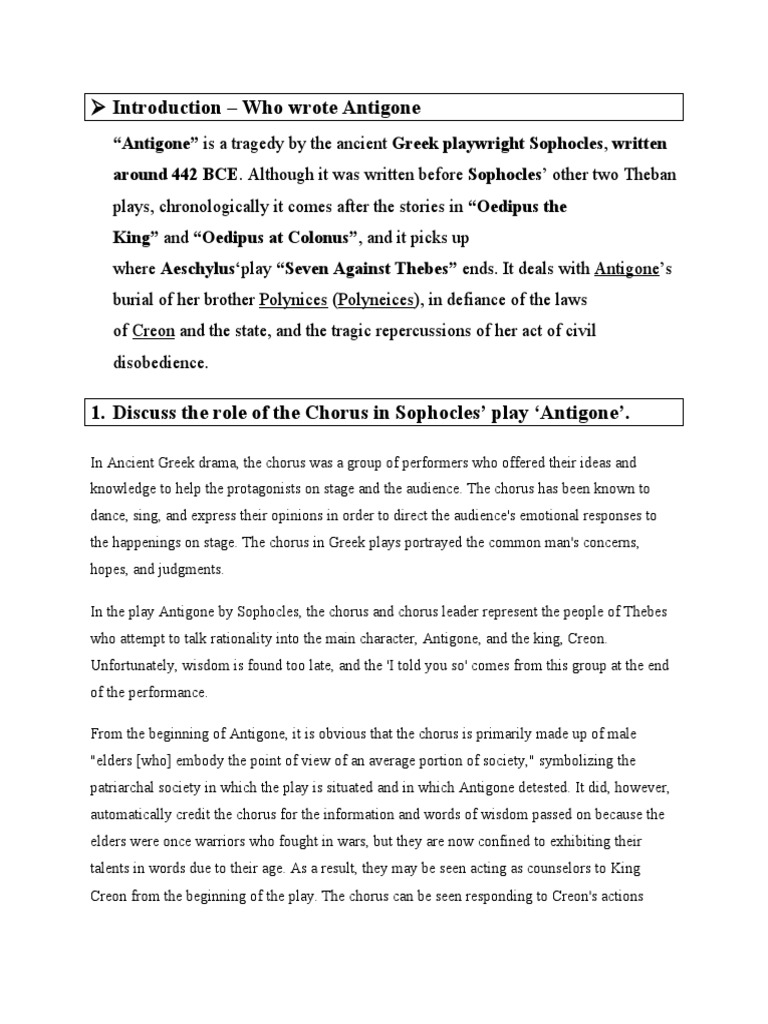 Introduction - Who Wrote Antigone: 1. Discuss The Role of The Chorus in ...