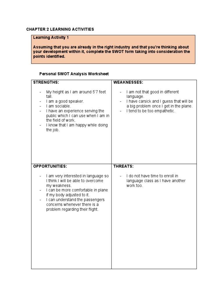 Chapter 2 Learning Activities | PDF | Swot Analysis | Goal