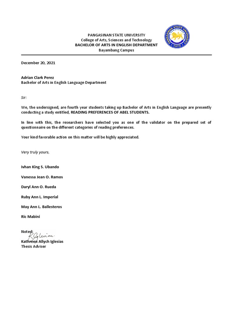 Validation Letter With Questionnaire Format | PDF | The Arts | Writing