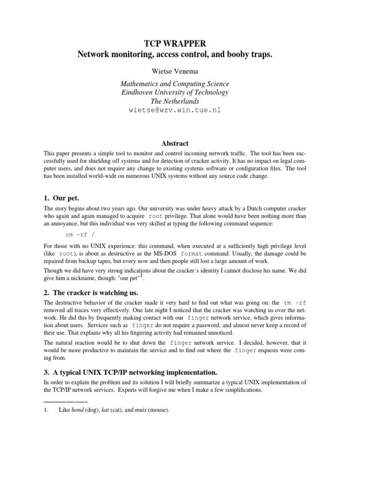 TCP Wrapper Network Monitoring, Access Control, and Booby Traps | PDF ...