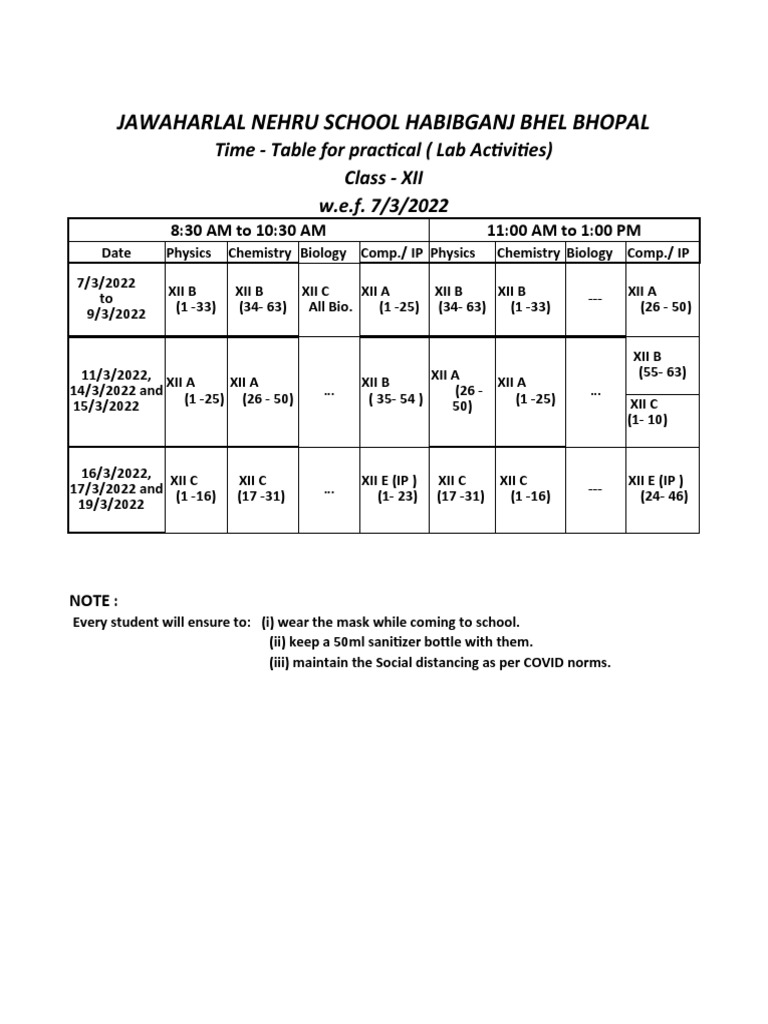 Jawaharlal Nehru School Habibganj Bhel Bhopal: Time - Table For ...